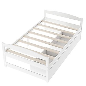LostCat Twin Bed with Storage, Twin Size Daybed with 2 Drawers, Wood Storage Bed Frame, Twin Size White Bed Frame with Storage, Solid Pinewood Bedframe with Drawers, No Box Spring Needed, White