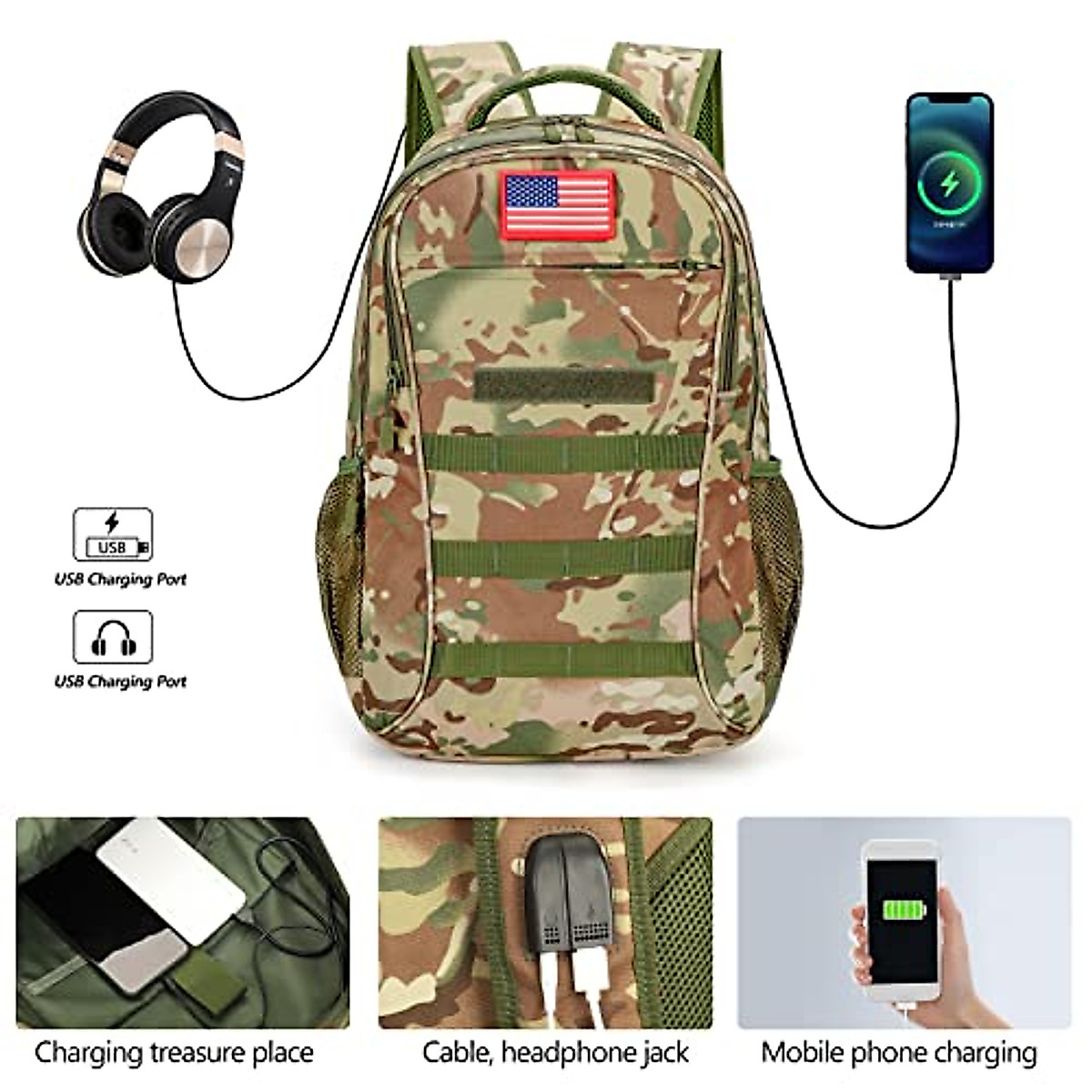 Camo Backpack for Men,Army Military Boys Backpack for School with Pen Bag,40l Waterproof Day Pack for Outdoor Travel Camping