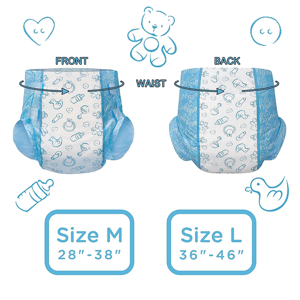Littleforbig Adult Printed Diaper 80 Pieces (8 Packs) - Nursery Blue (Large 36"-46")