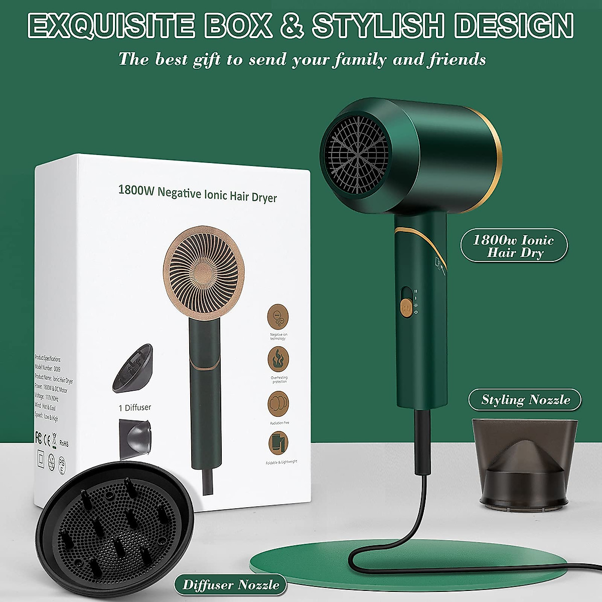 PAHETAWA Diffuser Blow Dryer, 1800W Powerful Travel Hair Dryer for Hotel, Ionic Portable Compact Hair Dryer, No Heat Damage, Lightweight, Low Noise for Curly Hair, Women, Men (Green)