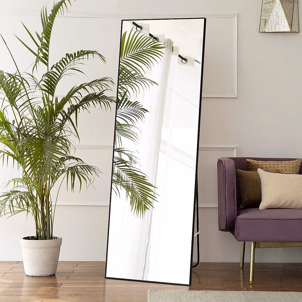 A.T.Lums Floor Mirror, 65" x 22" Full Length Mirror, Rectangle Stainless Steel Metal Frame with Stand, Modern Wall Mounted Mirror, Free Standing or Wall Mounted or Leaning Against Wall, Black