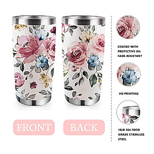 Zzkol Floral Flowers Tumbler with Lid and Straw, Rose Peony Stainless Steel Travel Coffee Cup, Birthday Mug Gifts for Women, 20oz Spring Summer Double Wall Vacuum Insulated Tumbler