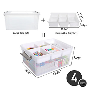 Citylife 17 QT Storage Box with Removable Tray Closet Organizers and Storage Clear Storage Container for Organizing, Craft, Tools, Files, Office Supplies, 4 Packs