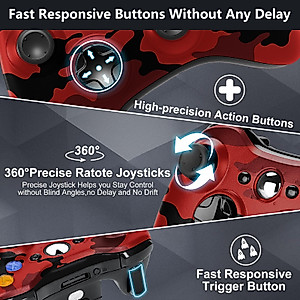 BUERTT Wireless Controller for Xbox 360, 2.4GHZ Game Joystick Controller Gamepad for Xbox 360 & Slim Console and PC Windows 7/8/10,No Audio Jack,Camo Red