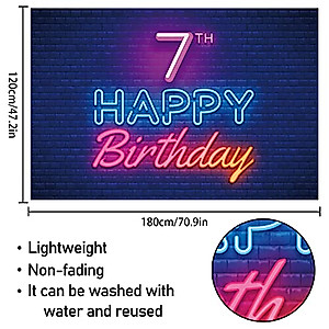 Glow Neon Happy 7th Birthday Backdrop Banner Decor Black – Colorful Glowing 7 Years Old Birthday Party Theme Decorations for Boys Girls Supplies