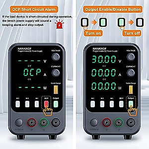 NANKADF DC Power Supply, 30V 10A Bench Power Supply with Memory Storage & Recall，Variable Power Suppy with Encoder Adjustment Knob, 5V/3.6A USB Quick-Charge & OCP Short Circuit Alarm
