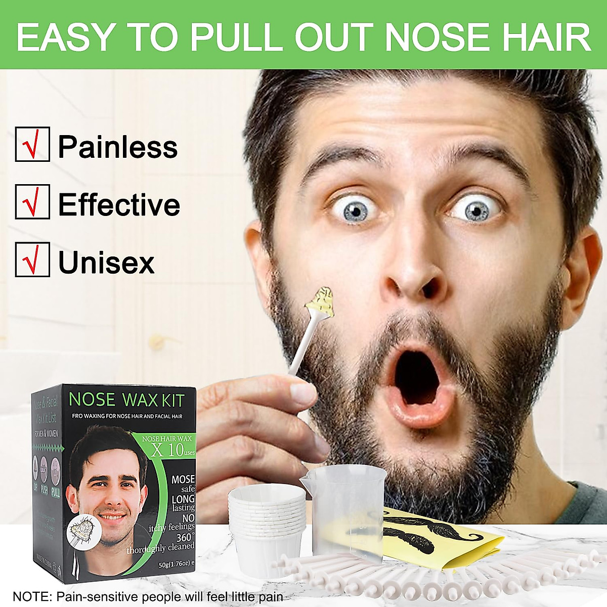 Nose and Ear Hair Waxing Kit - Hair Removal Set for Men and Women with 50g Wax Beads, 20 Applicators, 10 Paper Cups, and 10 Mustache Guards