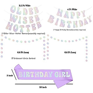 Older Wiser Hotter Happy Birthday Banner Party Decorations, Cute Iridescent Birthday Garland Birthday Girl Sash for Women 30th 40th 50th 60th 70th 80th Home Indoor Disco Photobooth Backdrop Decor