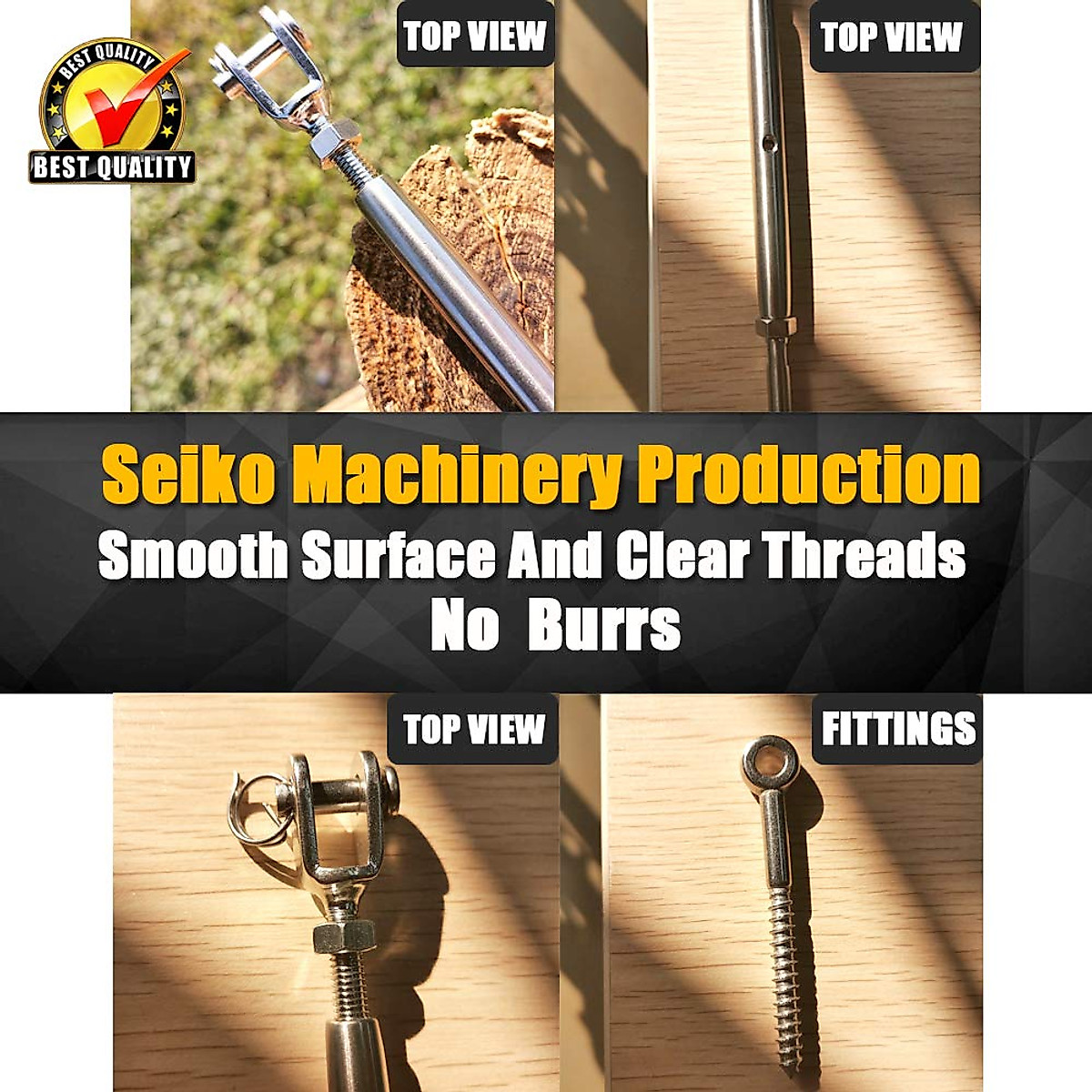 (10 Pack) Adjustable T316 Stainless Steel Deck Cable Railing Kit for Wood Posts, Swage Turnbuckle 10-Pcs, Eye Terminal Wood Screw Stair Railing Marine Grade