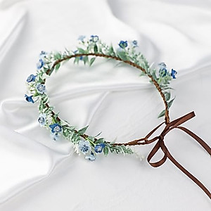 KorViSHOW Handmade Blue Flower Crown Green Leaf Headdress for Women Girls Flower Headband Bridal Headpiece Fairy Wreath for Birthday Party Festival Cosplay