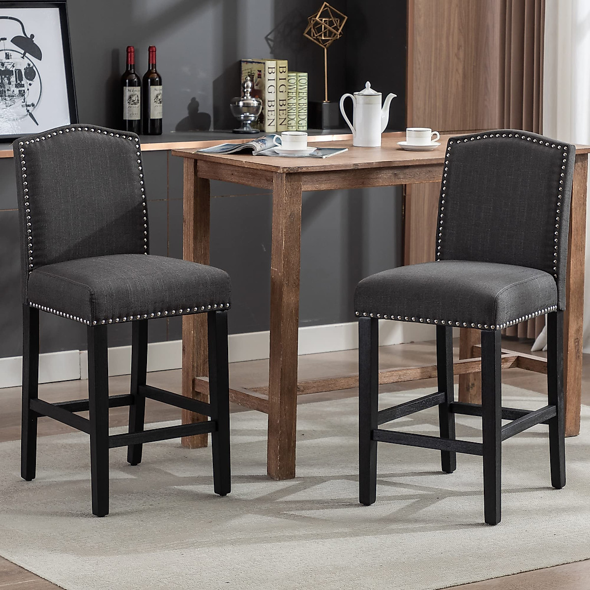 KCC Counter Height Bar Stool 26 Inches Upholstered High Back Barstool with Antique Nail Heads Solid Wood Set of 2 Counter Height Bar Chairs,Gray