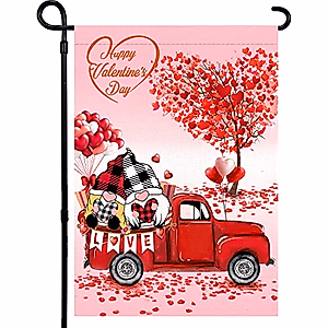 Gnomes Valentines Day Garden Flag Outdoor Small Valentine Flag 12x18 Double Sided Burlap House Yard Valentines Flag for Outside With Love Heart Truck Gnome Valentines Day Decor Decorations