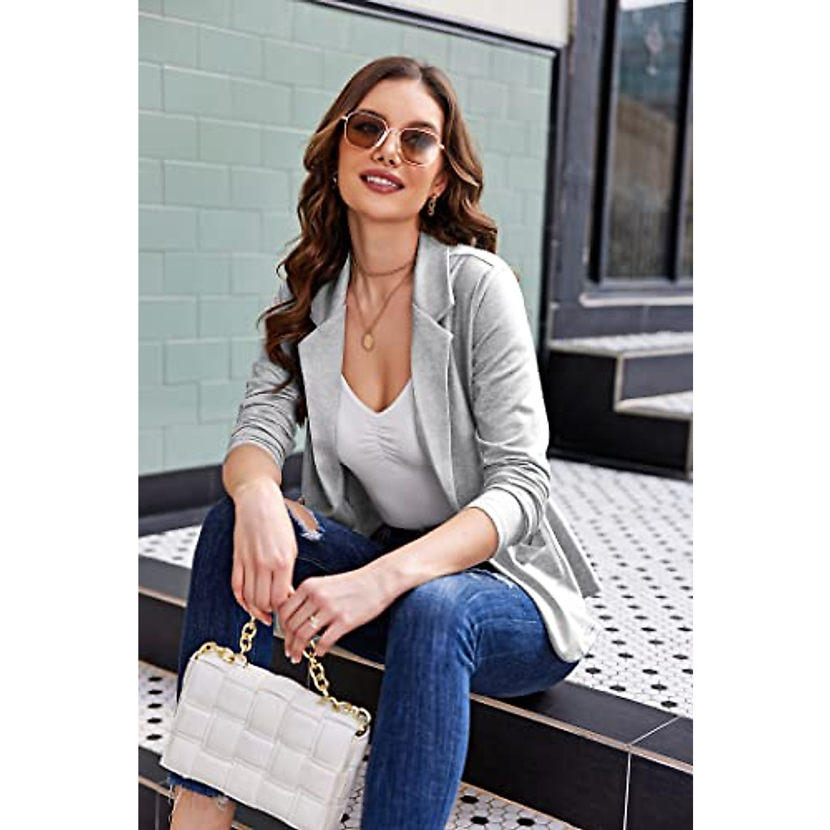 Zeagoo Women Long Sleeve Blazer Open Front Cardigan Jacket Work Office Suit Outwear Grey S