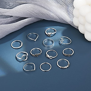 YOOESTORES82 12-20 Pcs Boho Silver Knuckle Ring Set Star Moon Wave Feather Stackable Rings Vintage Turquoise Multiple Midi Finger Ring Sets for Women (A)