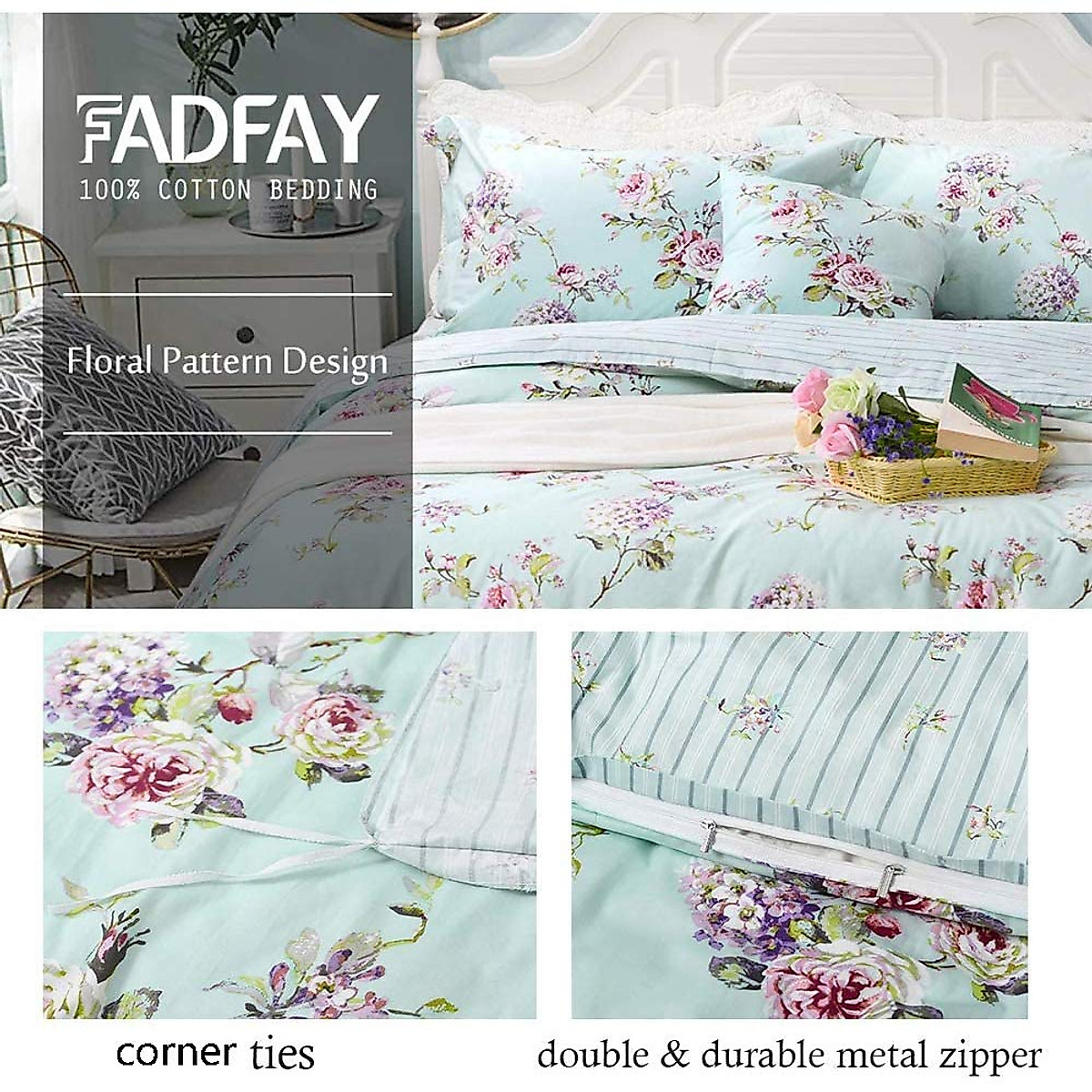 FADFAY French Country Duvet Cover Set King/California King 100% Cotton Floral Bedding Farmhouse Hydrangea Flower and Rose Floral Shabby Comforter Covers with Hidden Zipper - No Filling