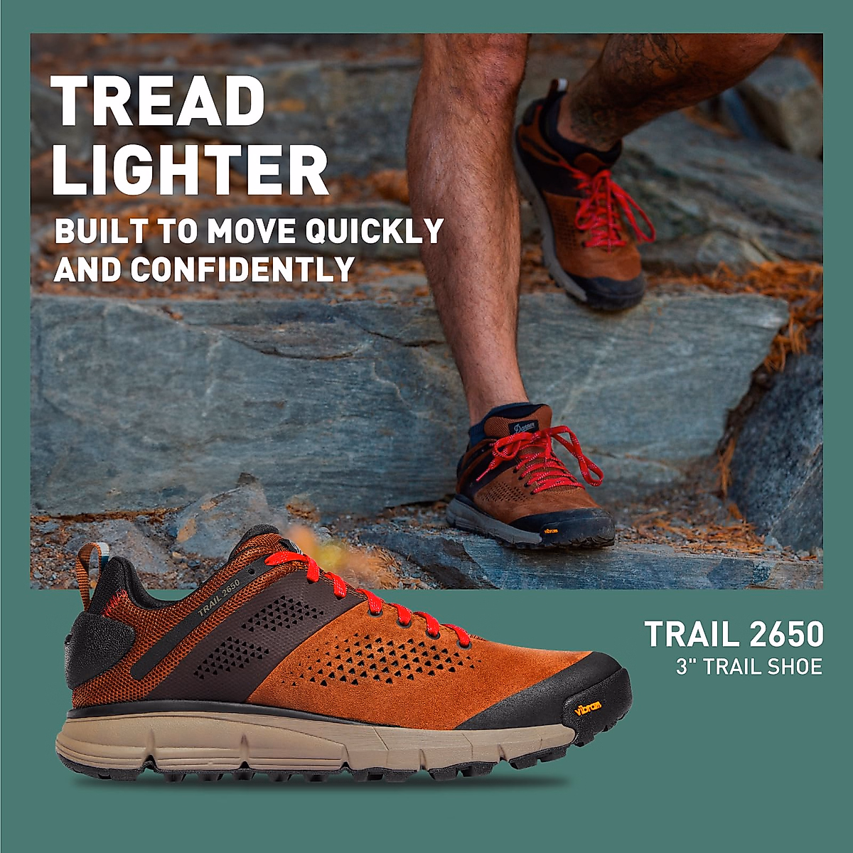 Danner Trail 2650 Hiking Shoes for Men - Durable Suede, Lightweight Textile with Breathable Mesh Lining, Ortholite Footbed, & Vibram Traction Outsole, Brown/Red - 10.5 D