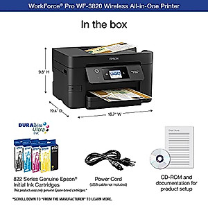 Epson Workforce Pro WF-3820 All-in-One Wireless Color Inkjet Printer, Black - Print Scan Copy Fax - 2.7" Touchscreen, 21 ppm, 4800 x 2400 dpi, 8.5 x 14, Auto 2-Sided Printing, 35-Sheet ADF, Ethernet
