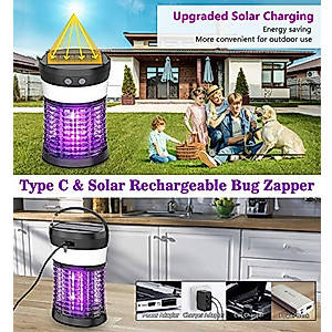 Bug Zapper, Portable LED Flashlight Bug Zapper Lamp, with Solar and USB Rechargeable Battery, SOS Emergency, with 3 Lighting Modes for Camping, Hiking, Backyard , Patio , Office and Traveling