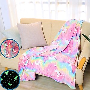HUABANSHUI Glow in The Dark Blanket, Luminous Unicorn Blanket - Christmas Birthday Gifts for Kids Girls Toddler Grandkids(50" x 60", Rainbow)