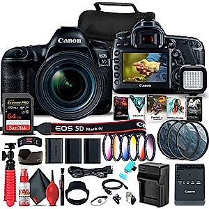 Canon EOS 5D Mark IV DSLR Camera with 24-70mm f/4L Lens (1483C018) + 64GB Memory Card + Color Filter Kit + Filter Kit + 2 x LPE6 Battery + External Charger + Card Reader + LED Light + More (Renewed)