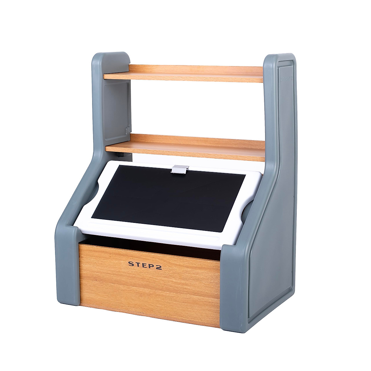 Step2 Harmony Toy Storage Box, Wood and Plastic, Shelves for Books, Toy Storage Bin with Chalkboard Lid and Clip, Easel and Toy Organizer in One