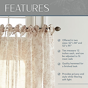 Elrene Home Fashions Westport Floral Tie-Top Sheer Window Curtain Panel, 52" x 84" (1), Flax