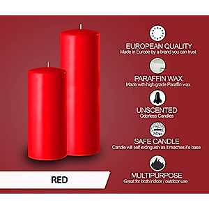 Hyoola Red Pillar Candles 2x8 Inch - 4 Pack Unscented Pillar Candles - European Made