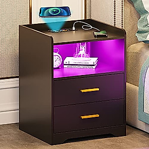 Gurexl RGB Nightstand with Wireless Charging Station and USB Ports Auto Sensor LED 24 Color Dimmable for Bedroom Furniture,Modern Bedside Table with Human Body Sensor Function and 2 Drawers
