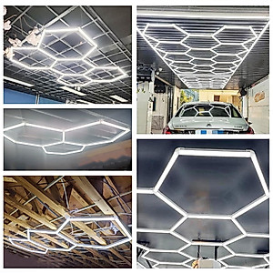 SENKOYU LED Car Garage Light, Attachable Plug in Ceiling Light, 96W 10640LM 6500K Daylight White, IP54 Hexagonal Shop Light for Car Detailing, Garage, Workshop and Gym (3 Hexagonal Grids)
