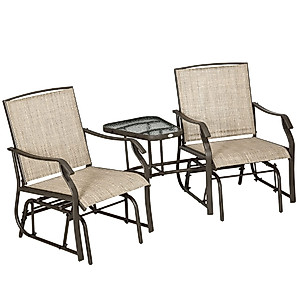 Outsunny Outdoor Glider Chairs with Coffee Table, Patio 2-Seat Rocking Chair Swing Loveseat with Breathable Sling for Backyard, Garden, and Porch, Light Brown