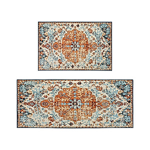 Lahome Bohemian Thin Kitchen Rug Set of 2, Stain Resistant Kitchen Rug and Mat Non Skid Washable Standing Mat Waterproof Floral Sink Rug for Kitchen Floor, 20X30+20X47