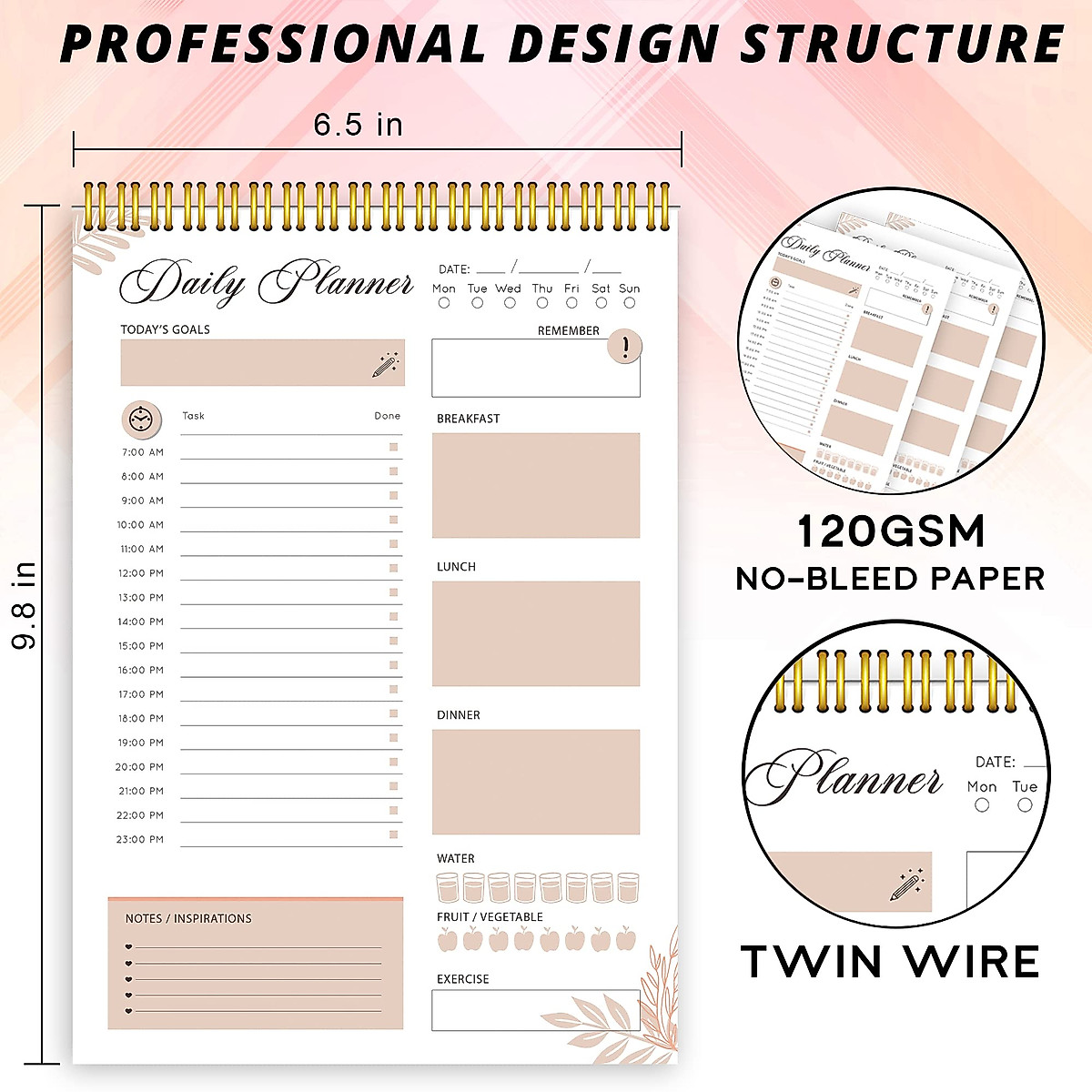 Daily Planner with 4 Office Highlighters, To do List Notebook with Hourly Schedule, Productivity Calendar Exercise, Work Organizer for Man/Women, Daily Journal for Priority Notes, (6.5x9.8")