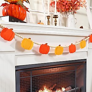 Fall Decor-Fall Decorations for Home-Felt Pumpkins Wood Bead Garland for Fall Decor- Halloween Thanksgiving Farmhouse Felt Pumpkins Banner for Fireplace Mantel Walls