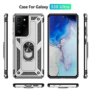 Military Grade Drop Impact for Samsung Galaxy S21 Ultra Case Galaxy S21 Ultra 5G Case Metal Rotating Ring Kickstand Holder Armor Heavy Duty Shockproof Case Galaxy S21 Ultra Phone Case (Silver)