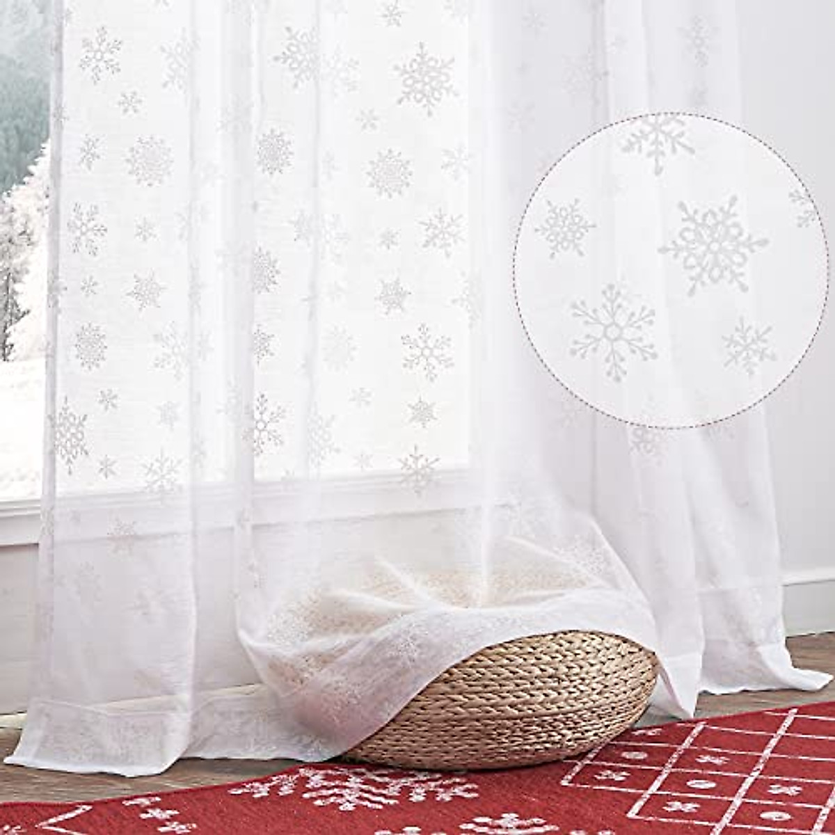 COLLACT White Sheer Curtains Snowflake Sheer Curtains for Living Room Rod Pocket Curtains for Window 84 Inch Long 2 Panel Set Modern Sheer White Curtain Set
