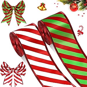 Hanaive 2 Rolls Ribbons for Christmas Tree Wired Ribbon Satin Stripes Edge Wrapping for Crafts DIY Gift Party Garden Home Garland Bows Ornament Decor(2.5 Inch x 10 Yards,Red Green, Red White)