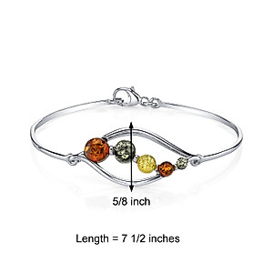 PEORA Genuine Baltic Amber 5-Stone Open Leaf Bangle Bracelet for Women 925 Sterling Silver, Rich Cognac, Olive Green and Honey Yellow Colors, 7 1/2 inch length