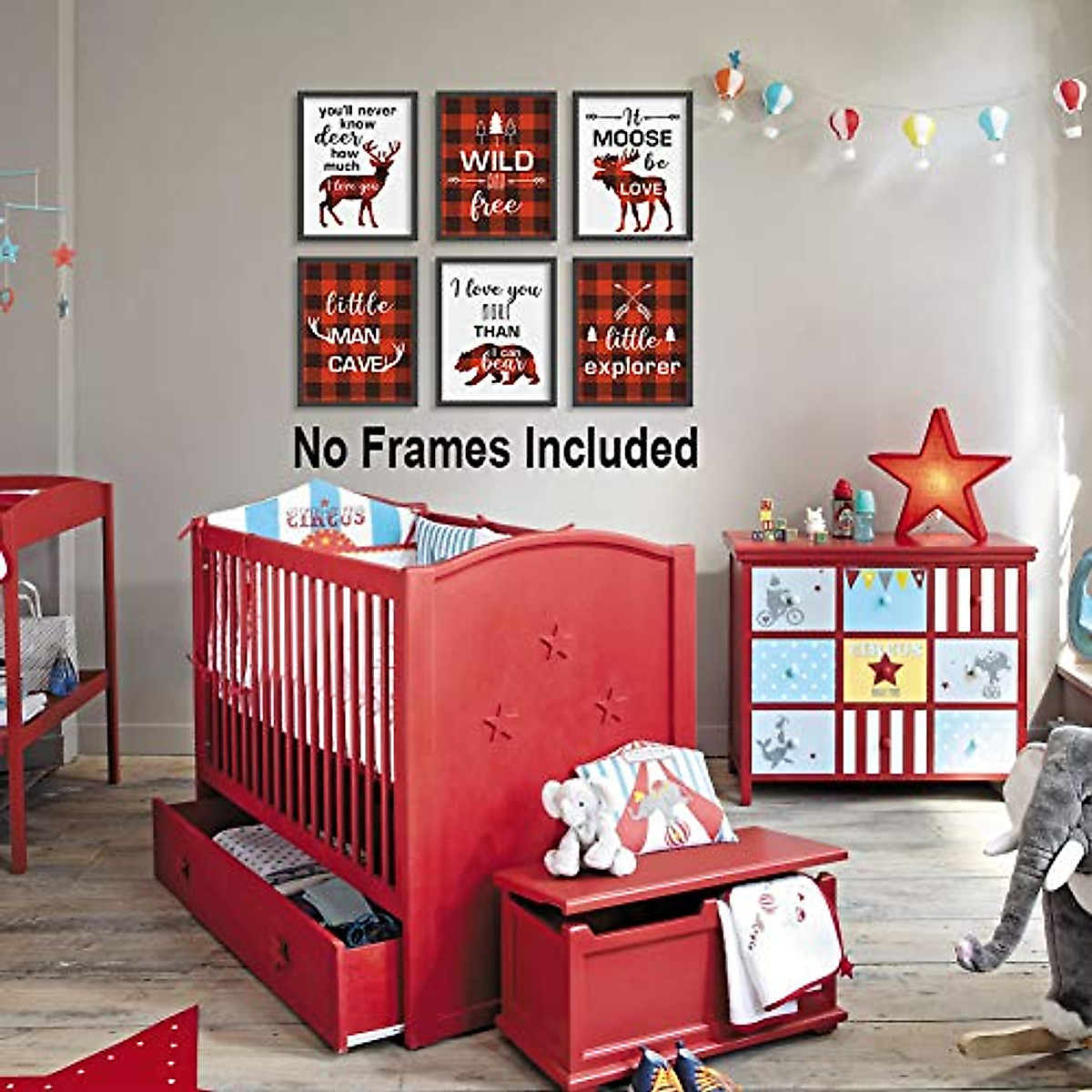 HLNIUC Woodland Animals Buffalo Plaid Nursery Wall Art,Red&Black Forest Deer Art Print,Set Of 6 (8”X10”,Unframed) Inspirational Kids Room Canvas Poster,Little Man Cave Decor For Boy Bedroom,Playroom