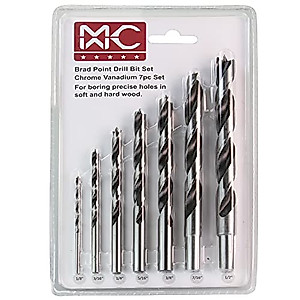 MKC Chrome Vanadium Brad Point Drill Bit Set, 7-Piece Imperial Sizes Includes 1/8 Inch Inch, 3/16 Inch Inch, 1/4 Inch Inch, 5/16 Inch Inch, 3/8 Inch Inch, 7/16 Inch Inch, 1/2 Inch Inch Inches
