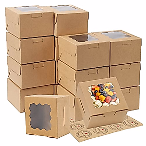 OAMCEG 100 PCS Bakery Boxes with Window and Stickers 4x4x3 Inch Individual Cupcake Boxes Pastry Boxes Cookie Boxes Small Cake Boxes Carrier Holders Containers for Packaging, Mini Dessert Boxes