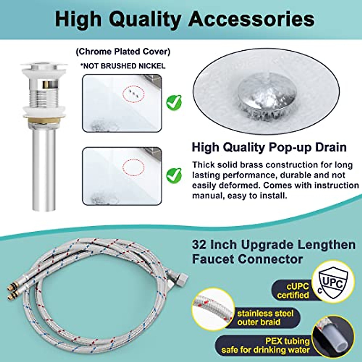 Herogo Brushed Nickel Bathroom Faucet, Stainless Steel Bathroom Sink Faucets with Brass Pop-up Sink Drain Stopper & Deck Plate 1 or 3 Hole, Single Handle RV Lavatory Faucet with 2 Water Hoses