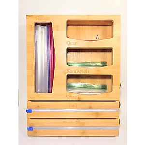 Simplify On the Go Countertop or Wall Mount Kitchen Bamboo 2 in 1 Foil and Sandwich Bag Organizer with 2 Cutters for Aluminum Foil and Plastic Wrap