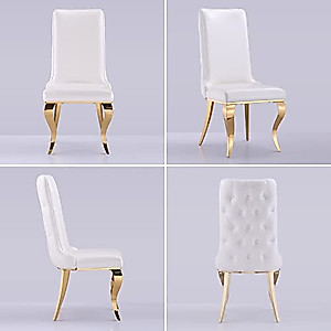 AZhome Dining Chairs, White Faux Leather Upholstered Dining Room Chairs in Button-Tufted Back, Dining Chairs with Gold Legs for Kitchen Dining Room, Set of 2