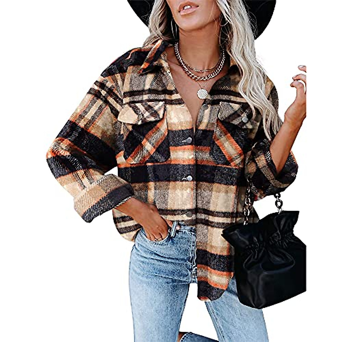 Women Classic Flannel Plaid Jacket Button Down Boyfriend Long Sleeve Lapel Shirts Casual Blouses Tops (Orange, Medium)
