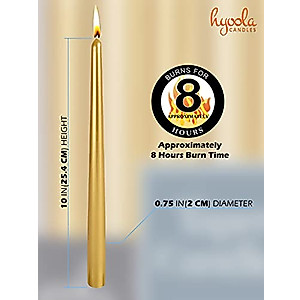 12 Pack Tall Metallic Taper Candles - 10 Inch Gold Painted Metallic, Dripless, Unscented Dinner Candle - Paraffin Wax with Cotton Wicks - Individually Wrapped