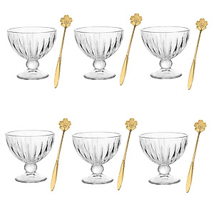 Aebor Glass Ice Cream Cups,Dessert Bowls, for Dessert, Sundae, Ice Cream, Fruit, Salad, Snack, Cocktail,etc (Includes 6 Glass Ice Cream Cups 250ml And 6 Metal Spoons)