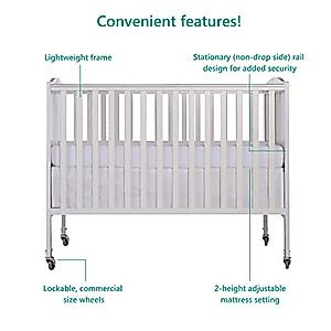 Dream On Me Folding Full Size Convenience Crib In White, Two Adjustable Mattress Height Positions, Comes With Heavy Duty Locking Wheels, Flat Folding Crib