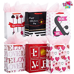 JOYIN 12 Pcs Valentines Day Paper Gift Bags with Handle 13x10.5 inch, Elegant Coated Art Paper Wrapping Bags Cardboard Bags for Valentine’s Day Party Favors Funny Gift Exchange Novelty Gift Giving Gift Wrapping