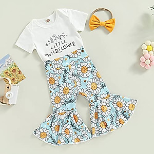 Toddler Baby Girls Bell Bottoms Outfits Cow Floral Print Short Sleeve Romper Tops Headband Cowgirl Summer Sets (Little Wildflower & White, 0-6 Months)