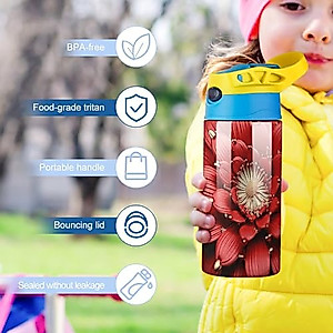 Stainless Steel Water Bottles Red Gold Flower Travel Water Cups with Handle And Silicone Straw Drinking Cup with Leak Proof Lid Thermo Travel Mug for Women Men